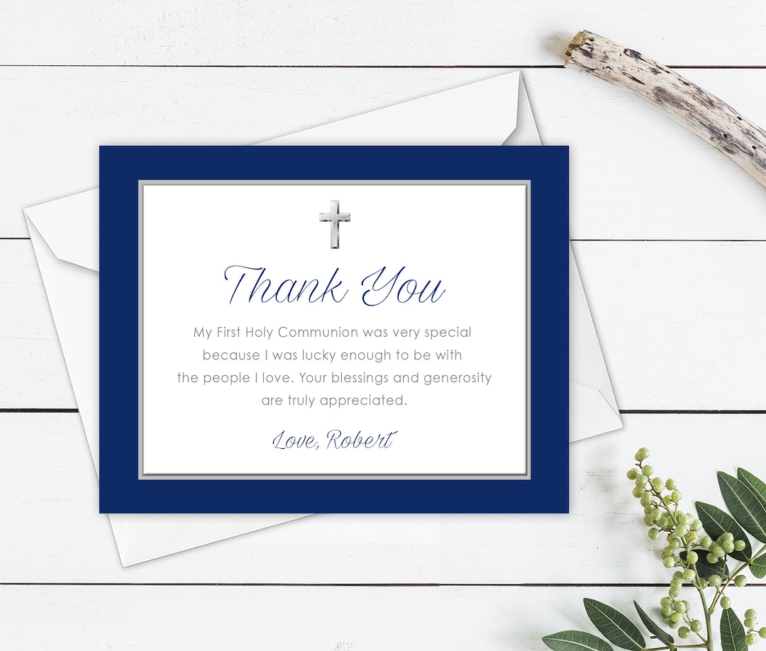 Thank You Card Communion Navy and Silver, First Holy Communion Thank ...