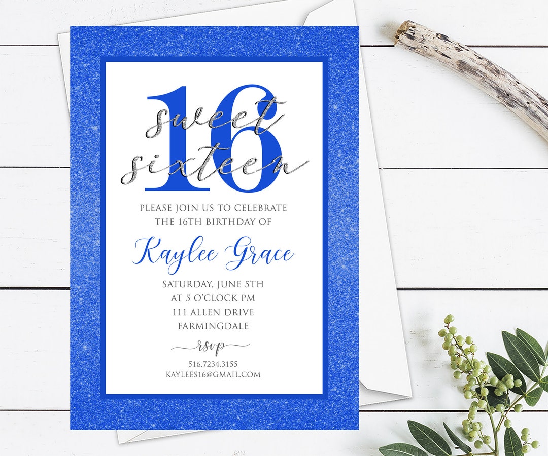 Royal Blue Sweet Sixteen Party Invitation Sweet 16 Printable Invitation ...