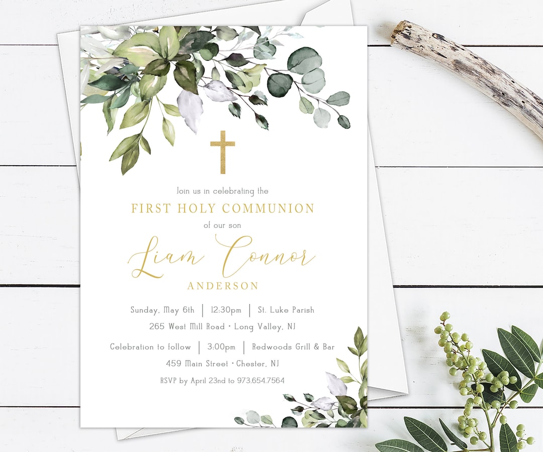 Greenery First Holy Communion Invitation, Sage Green Boho Communion ...