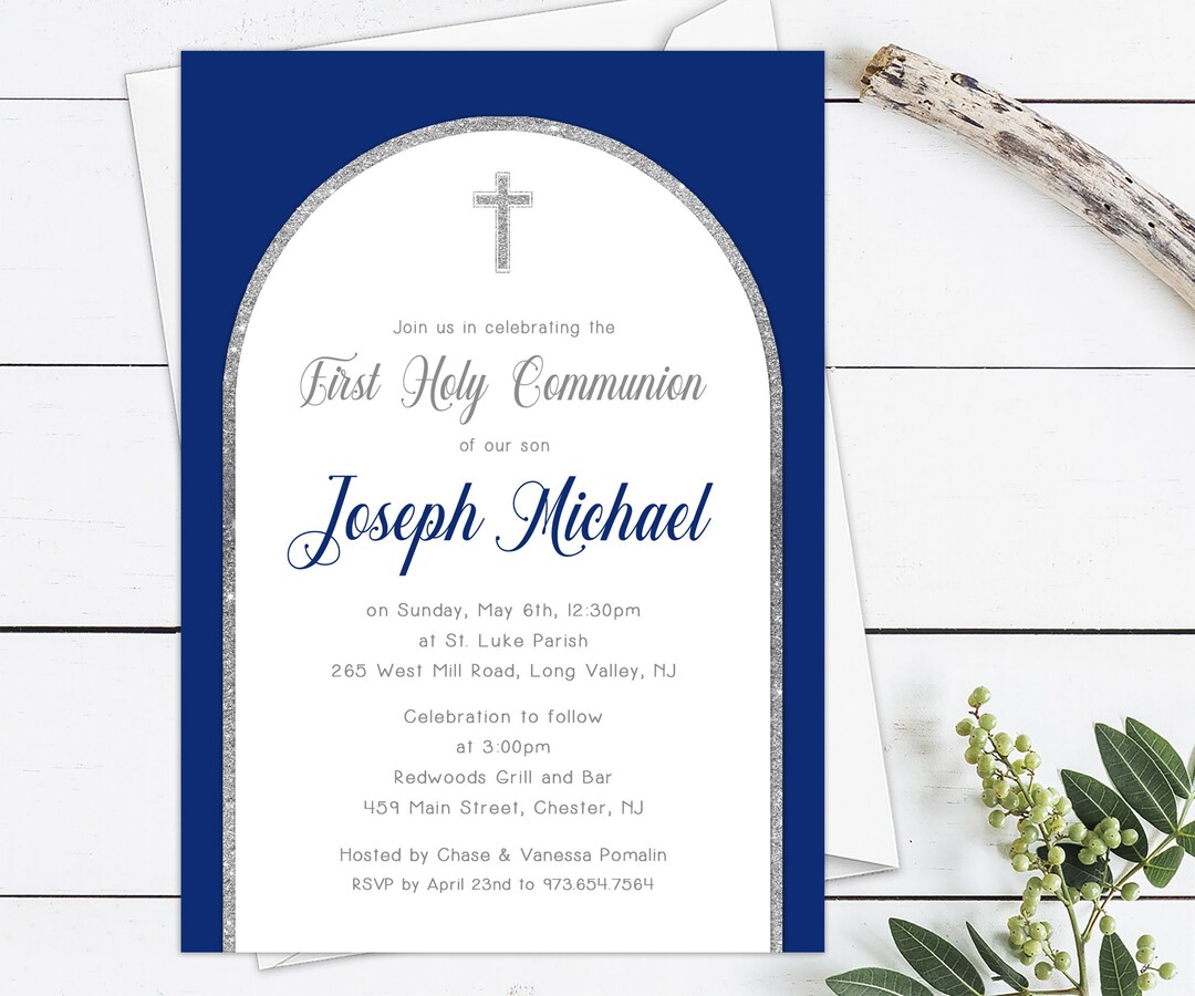 Boy First Holy Communion Invitation Navy & Silver Communion Digital ...