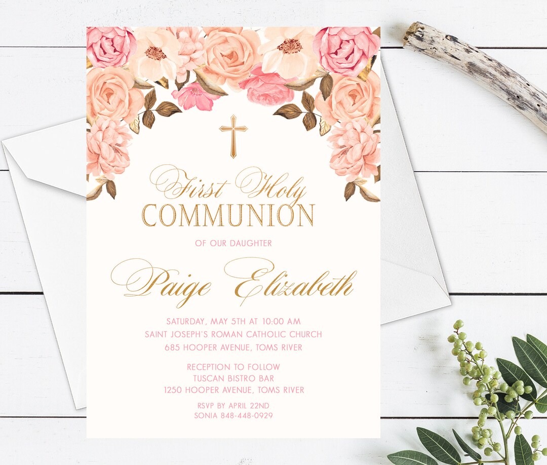 Girls Communion Invitation, Pink and Gold Communion Invitation, Floral ...