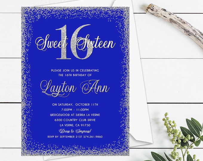 Royal Blue Sparkle Sweet 16 Invitation, Royal Blue and Silver Sweet 16 ...