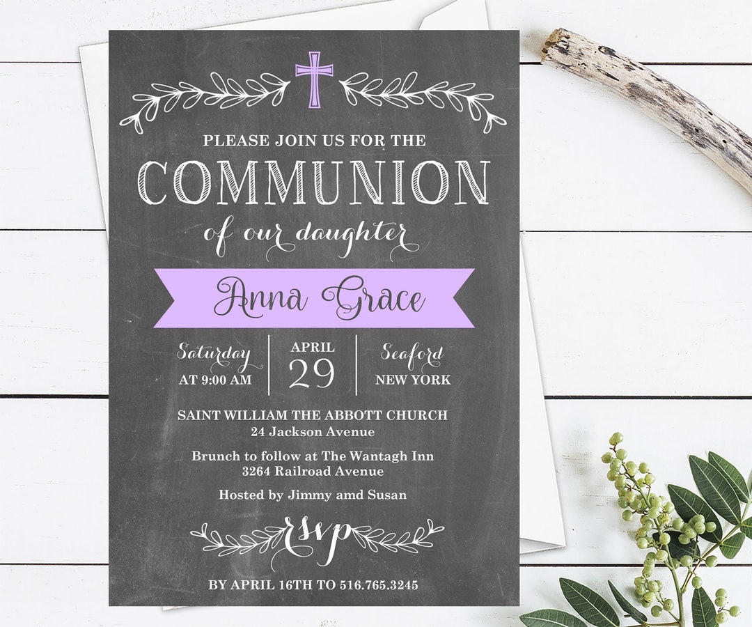 First Holy Communion Girl Invitation, Lilac 1st Communion Invitation ...