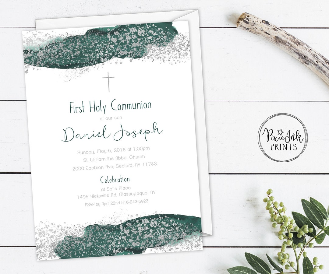 Emerald Green Communion Invitations, Emerald and Silver First Holy ...