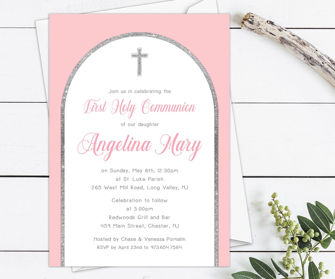 Silver Communion Invitation, Pink First Communion Girl Digital Download ...