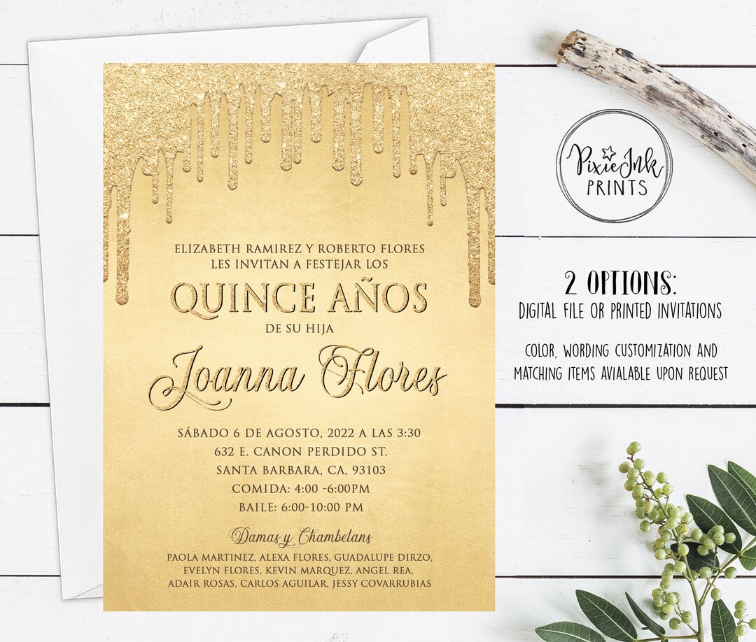 Gold Glitter Drips Quinceañera Invitations, Quince Gold Digital ...