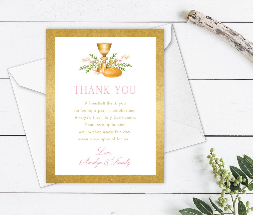 Communion Thank You Card Pink and Gold, First Holy Communion Thank You ...