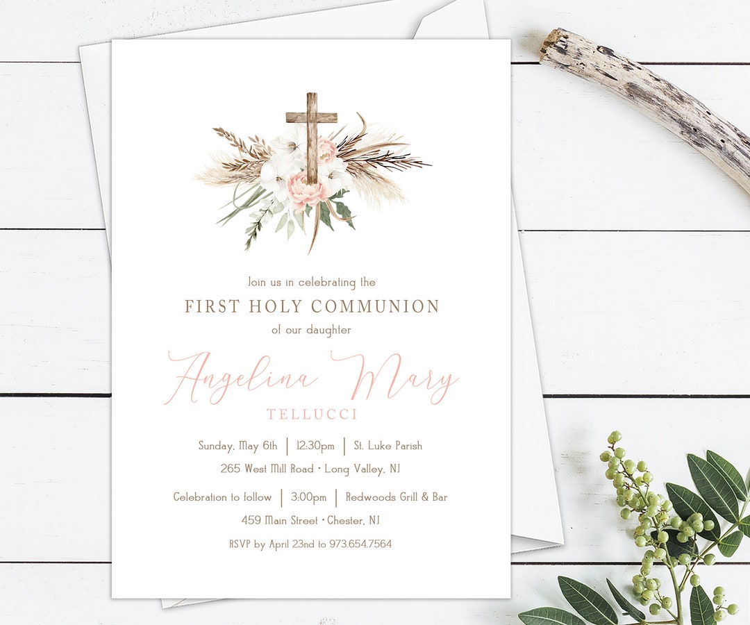 Girls First Holy Communion Invitation Pampas Boho Communion Digital ...