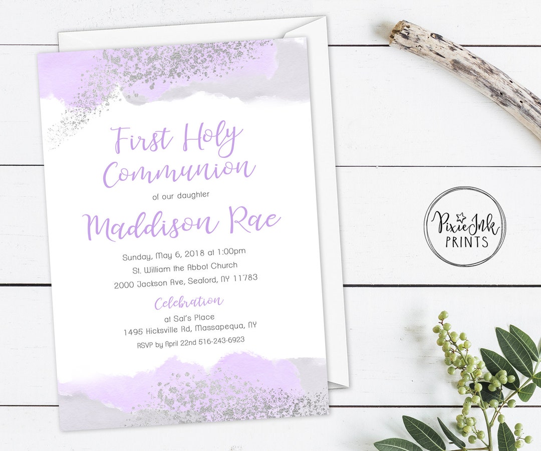 Purple Communion Invitation, Purple First Holy Communion Invitation ...