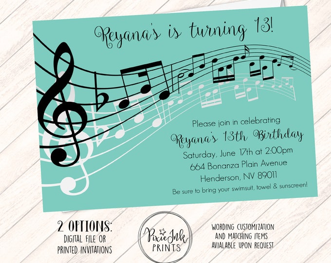 Turquoise Music Invitation, Musical Party, Sheet Music Invitation ...