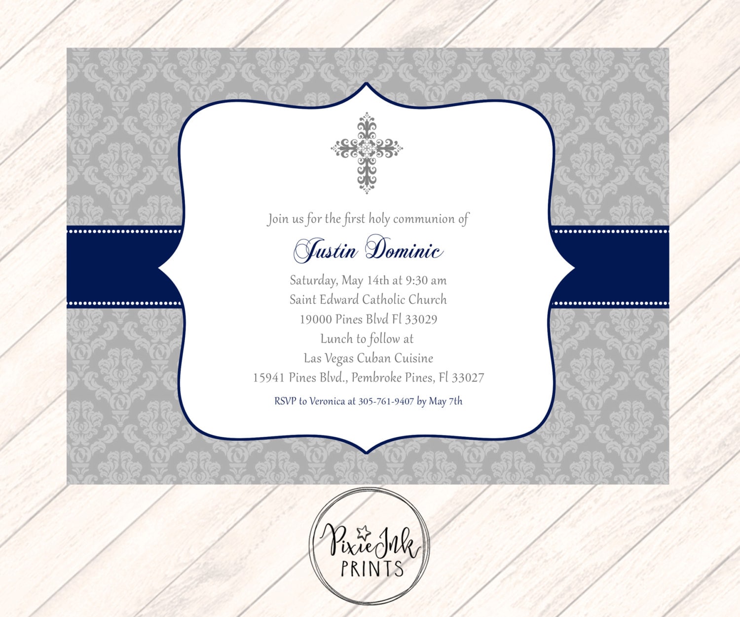 Grey Communion Invitation, Navy & Grey 1st Communion Invitation, Boy ...