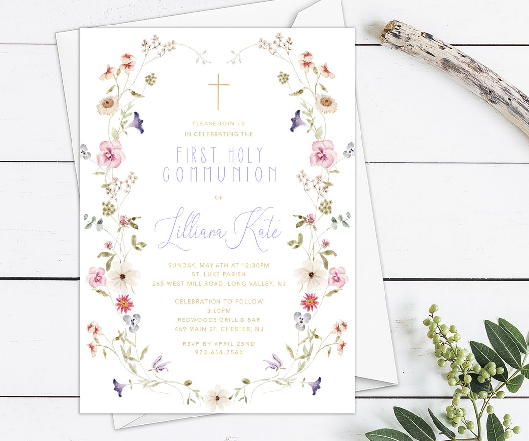 Wildflower First Holy Communion Invitation, Spring Flower Communion ...