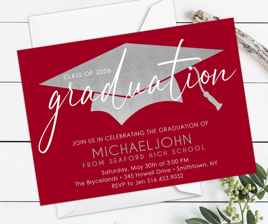 Red Graduation Party Invitation School Colors College Graduation Cap ...