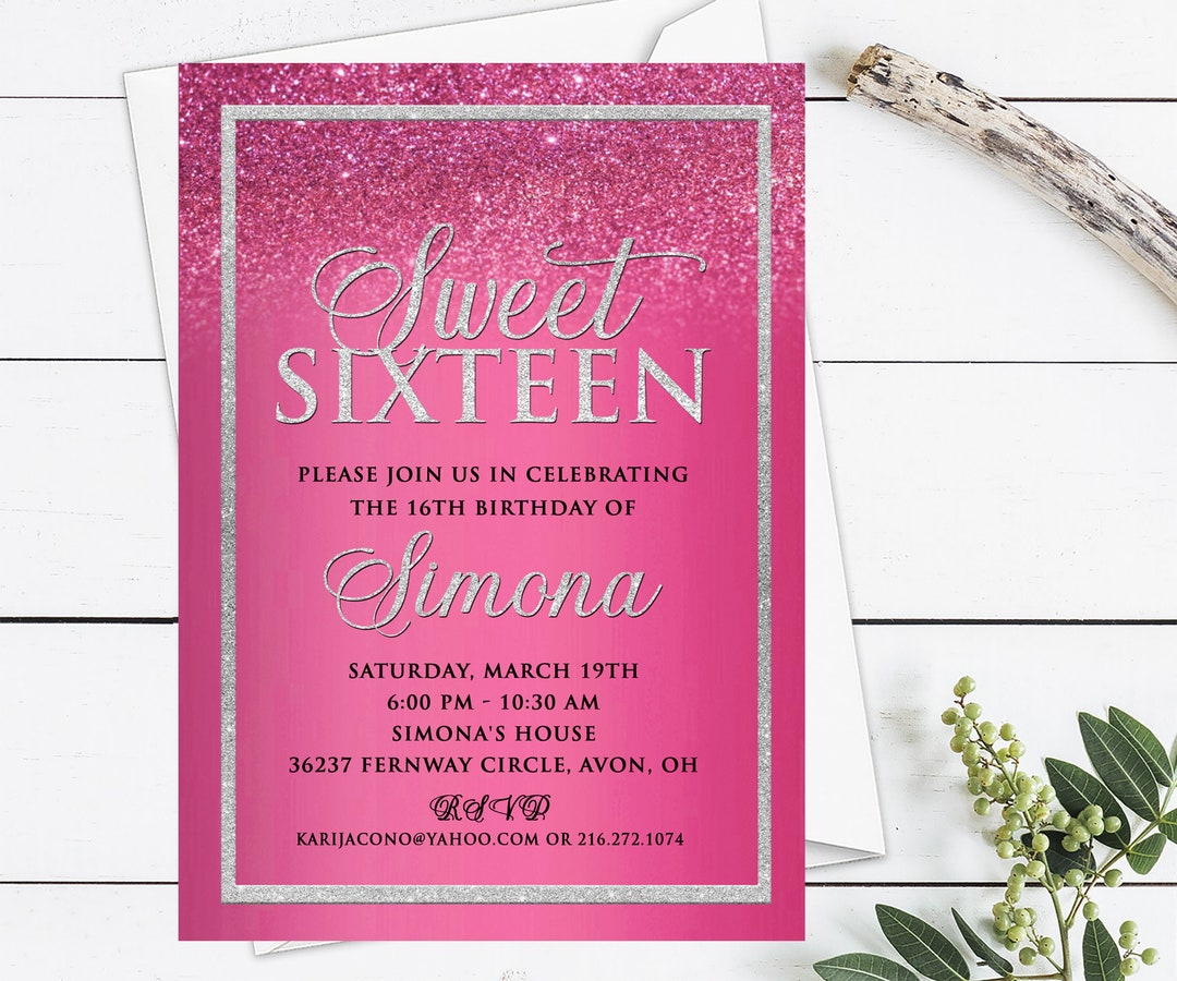 Pink Glitter Sweet Sixteen Party Invitation, Glitter Sweet 16 Printable ...