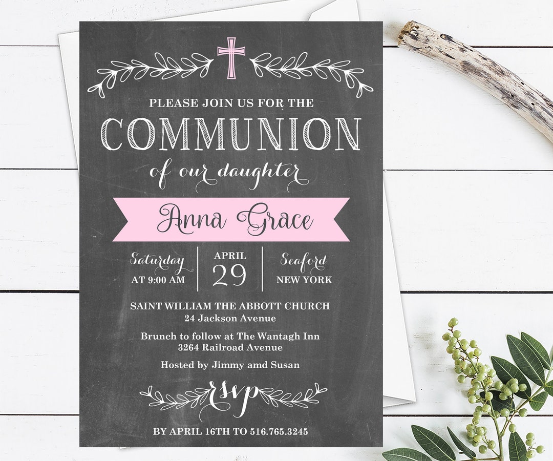 First Holy Communion Girl Invitation, Pink 1st Communion Invitation ...