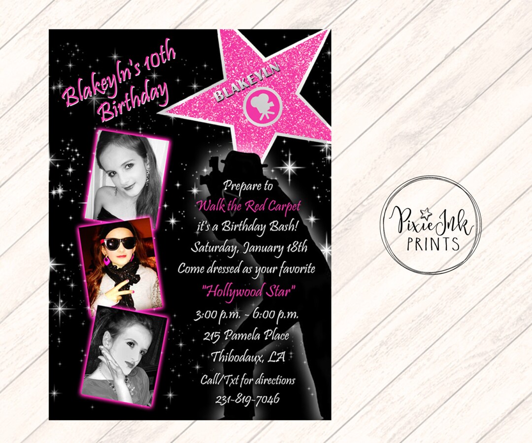 Hollywood Star Invitation, Walk of Fame Pink Star Invite, Red Carpet ...