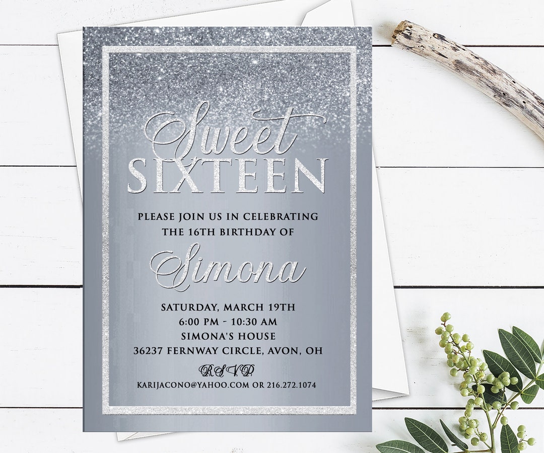 Silver Glitter Sweet Sixteen Party Invitation, Glitter Sweet 16 ...