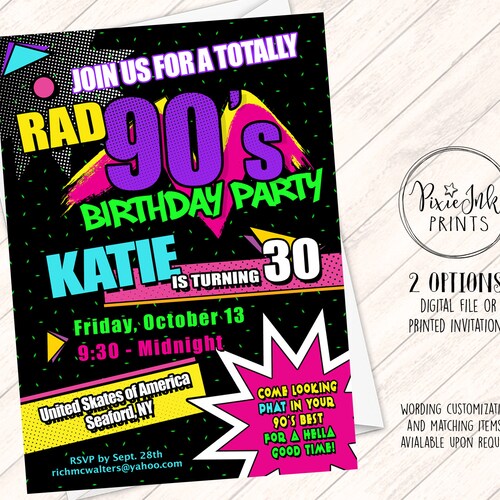 Printable Personalised 90's Themed Invitations 90's | Etsy