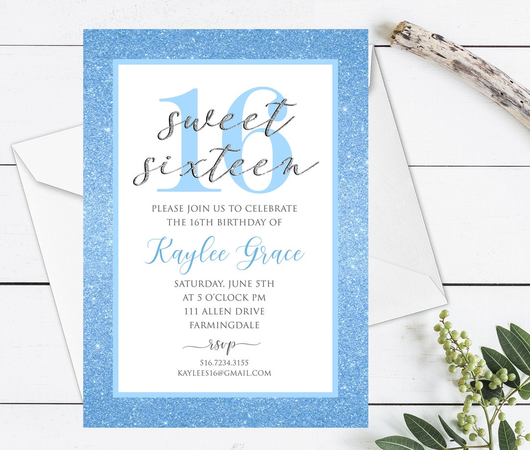 Light Blue Sweet Sixteen Party Invitation Cinderella Sweet 16 Printable ...