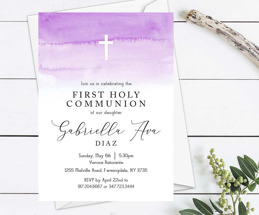 Lavender Ombre First Holy Communion Invitation, First Communion ...