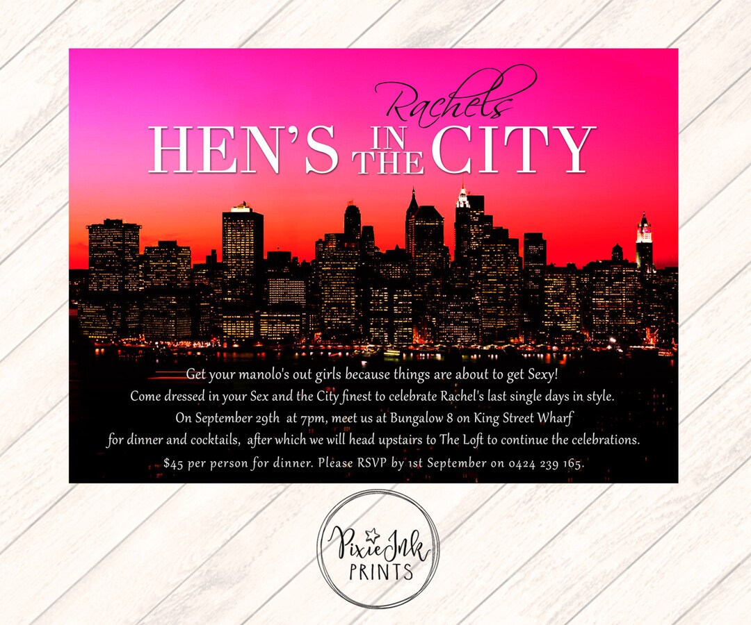 Hens in the City Invitation, Skyline Bachelorette Invitation, Pink ...