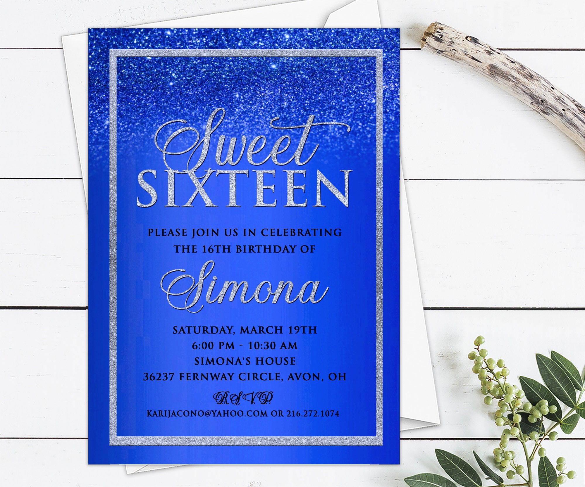 Royal Blue Glitter Sweet Sixteen Party Invitation Sweet 16 - Etsy