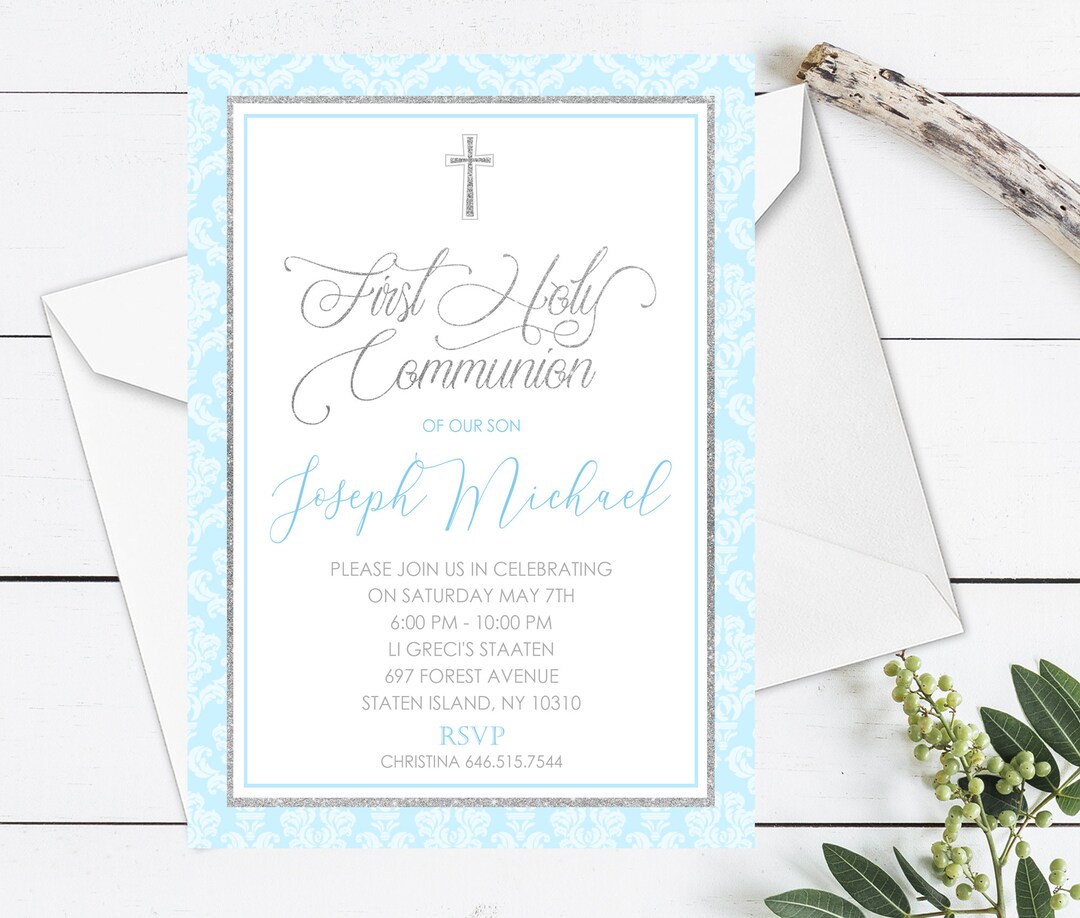 Blue and Silver Communion Invitation, Blue First Holy Communion ...