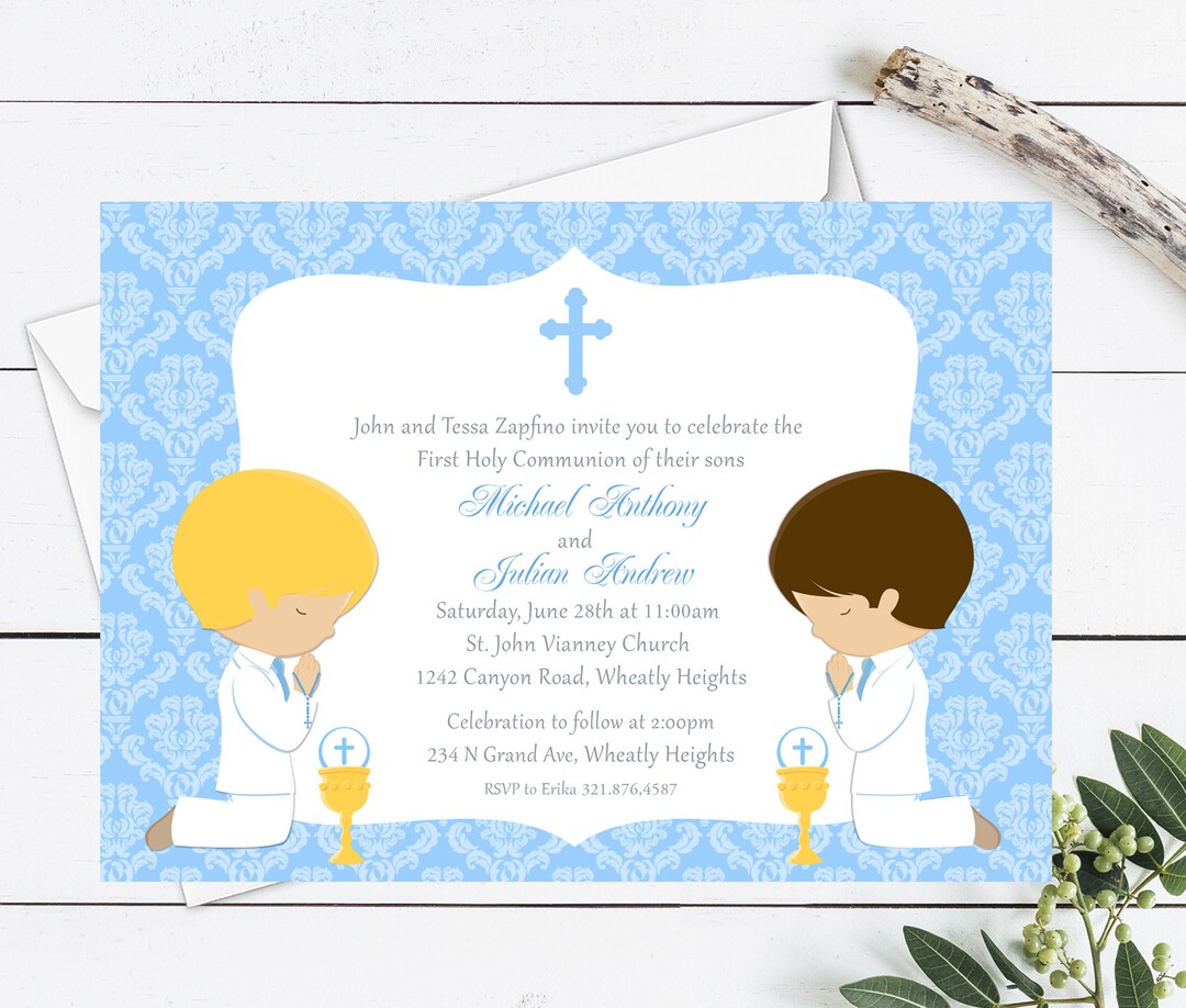 Blue Twin Boys Communion Invitation, Blue Sibling 1st Communion ...