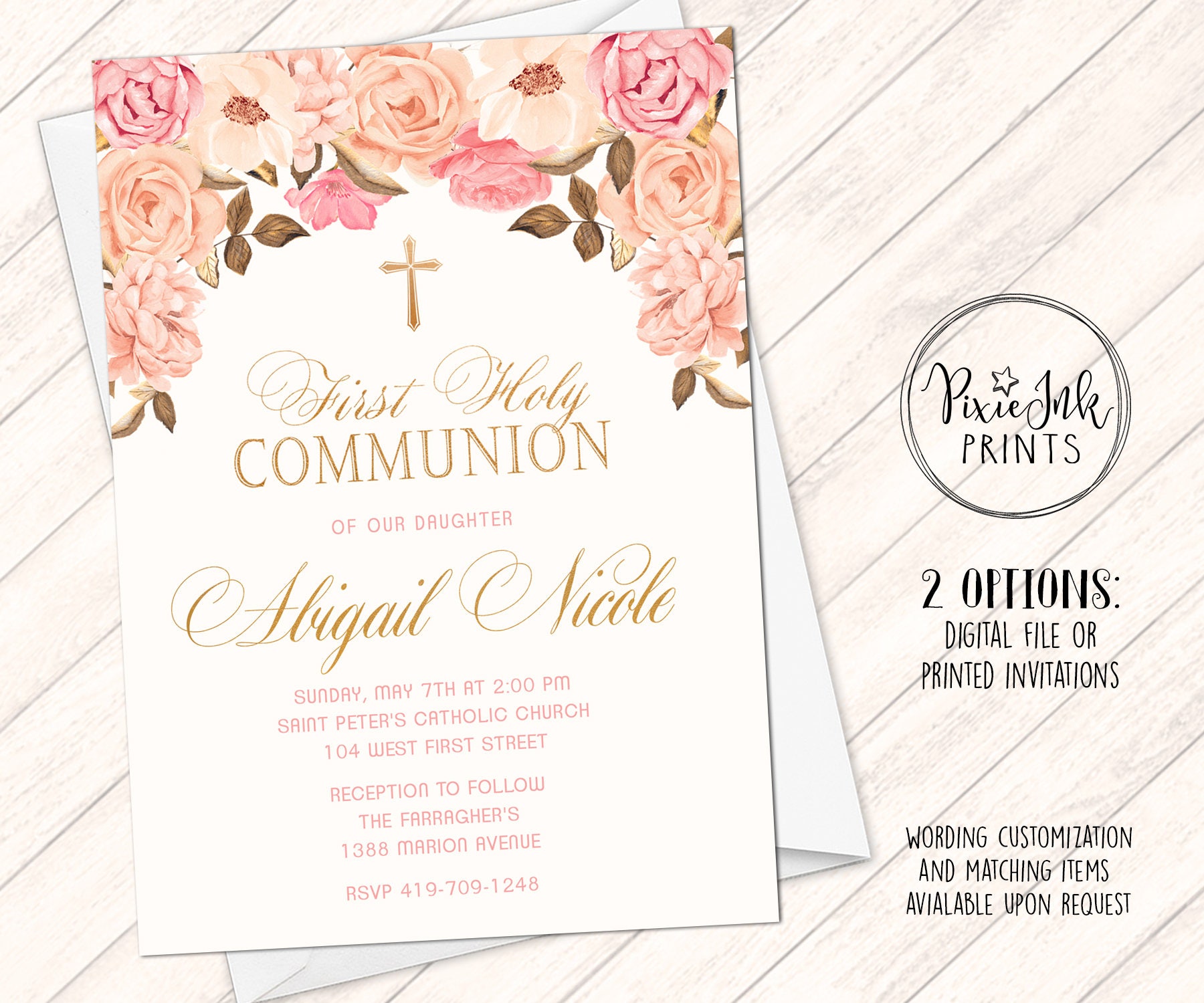 Girls Communion Invitation Pink and Gold Communion | Etsy