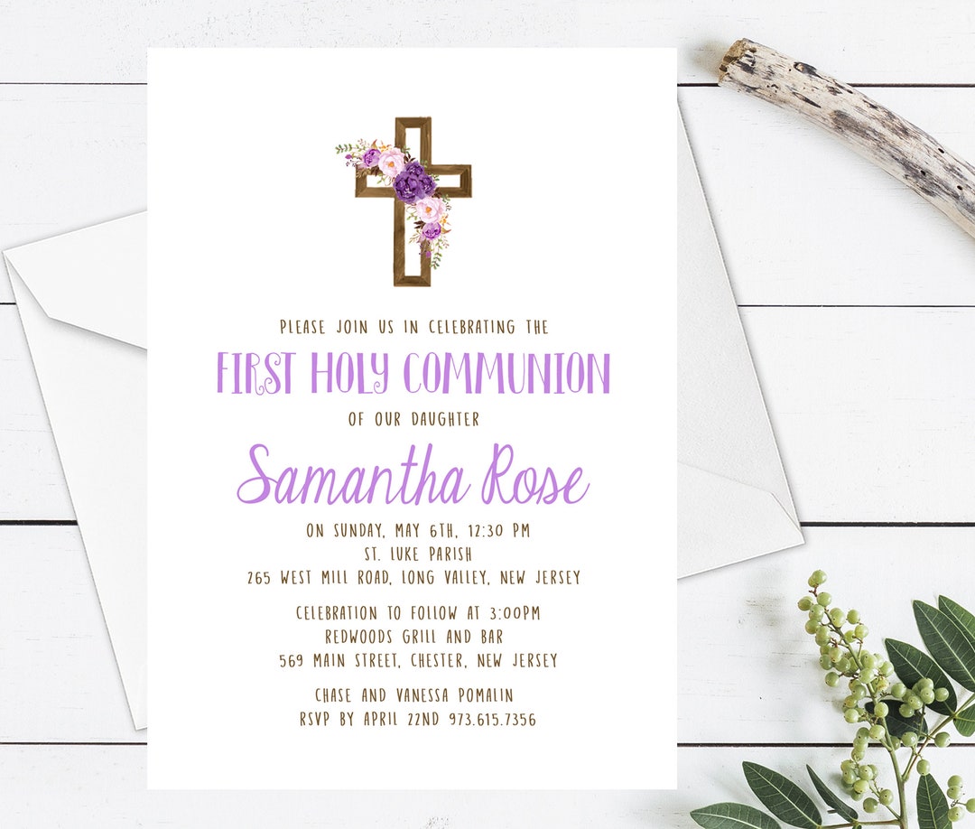 Purple Communion Invitation, First Communion Invitation Girl, First ...