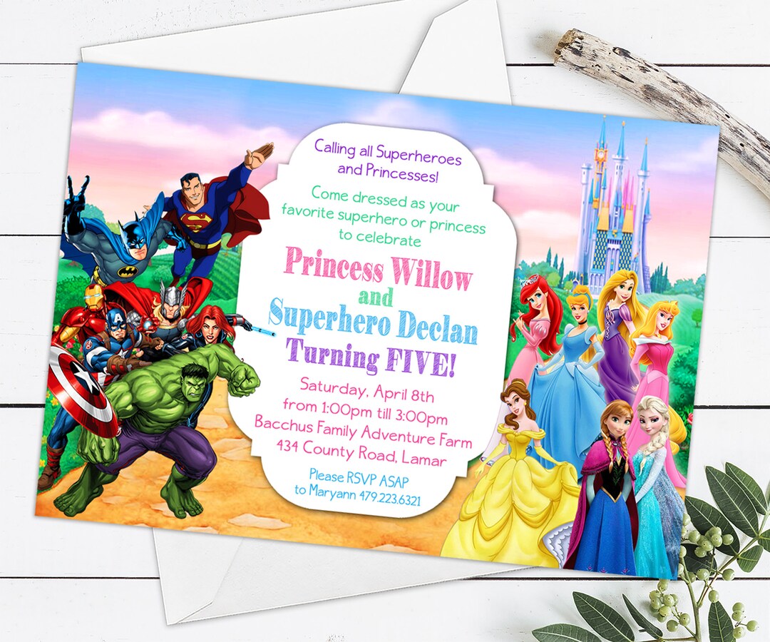Superhero & Princess Party Invitation, Split Birthday Invitation, Twin ...