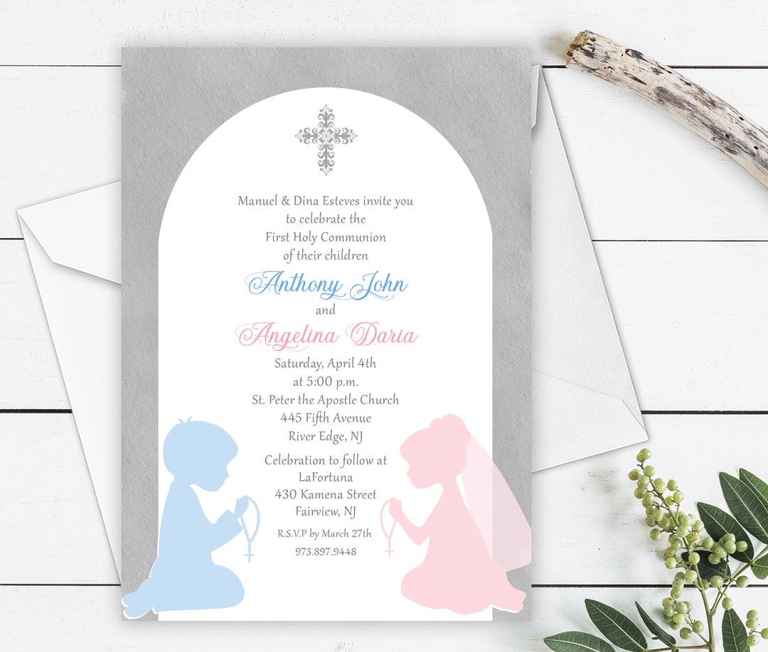 Twin Communion Invitation, Grey Sibling 1st Communion Invitation, Grey ...
