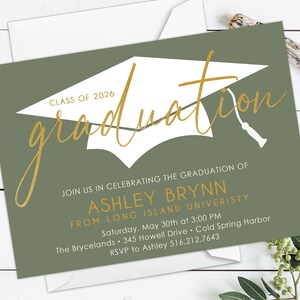 Sage Green Graduation Party Invitation, School Colors Graduation Cap ...