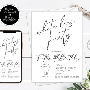 White Lies Party Birthday Invitation, Birthday Party Digital Invitation ...