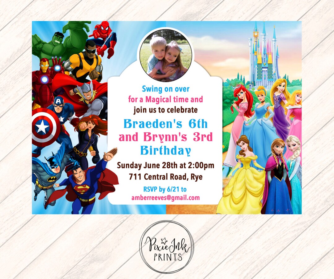 Superhero & Princess Invitation Split Birthday Invitation - Etsy