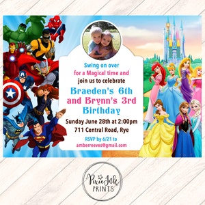 Superhero & Princess Invitation, Split Birthday Invitation, Split ...