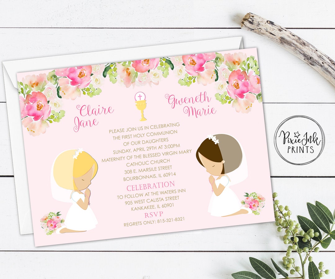 Pink Girls Communion Invitation, Pink Sibling 1st Communion Invitation ...