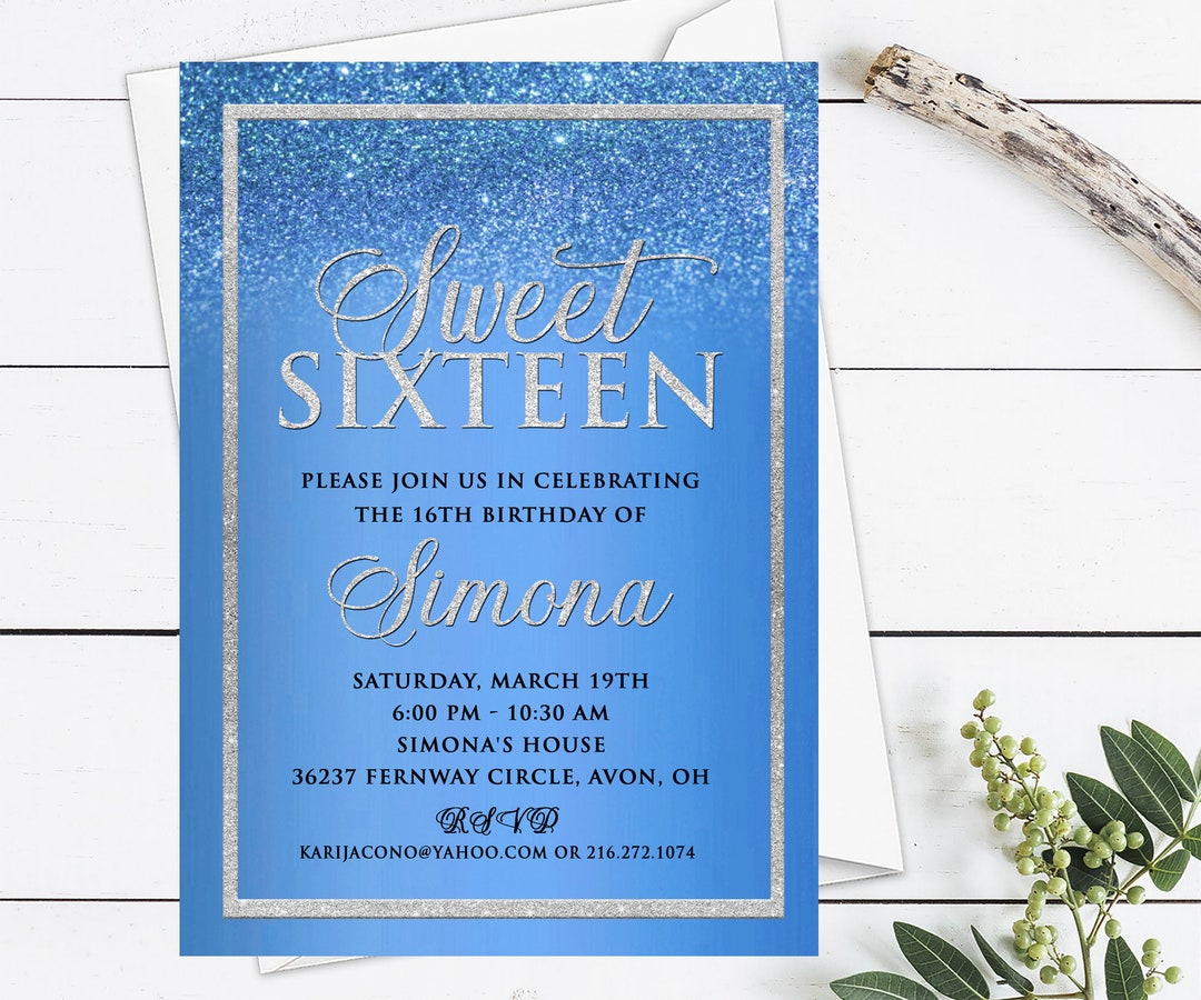 Light Blue Glitter Sweet Sixteen Party Invitation, Cinderella Sweet 16 ...