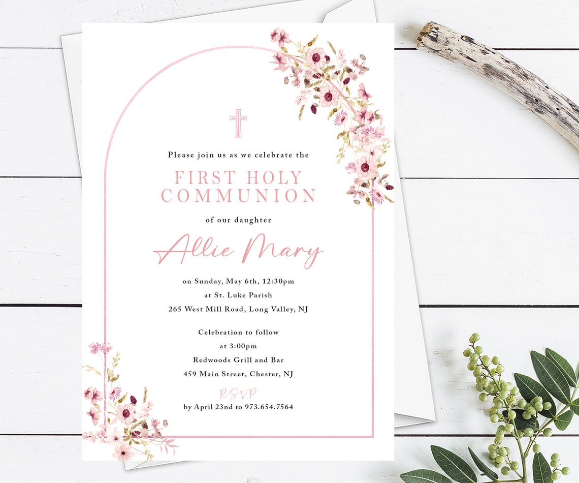 Wildflower First Holy Communion Invitation, Greenery Spring Flower ...