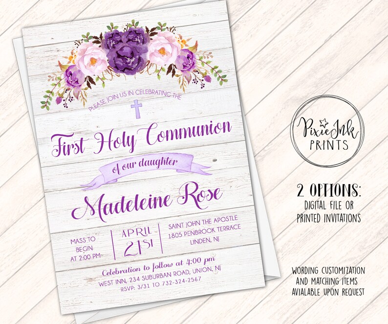 Purple Communion Invitation Girl Communion Invitation Purple | Etsy