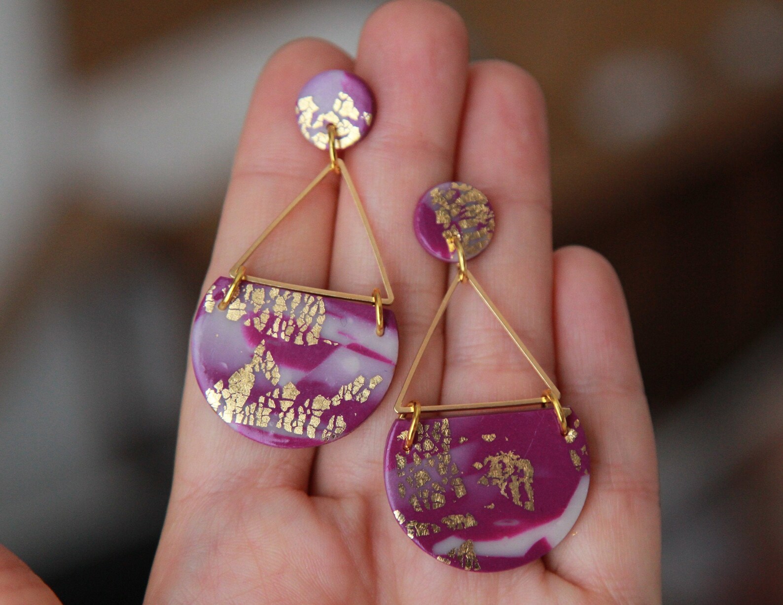 Magenta earrings Polymer earrings dangle Clay triangle | Etsy