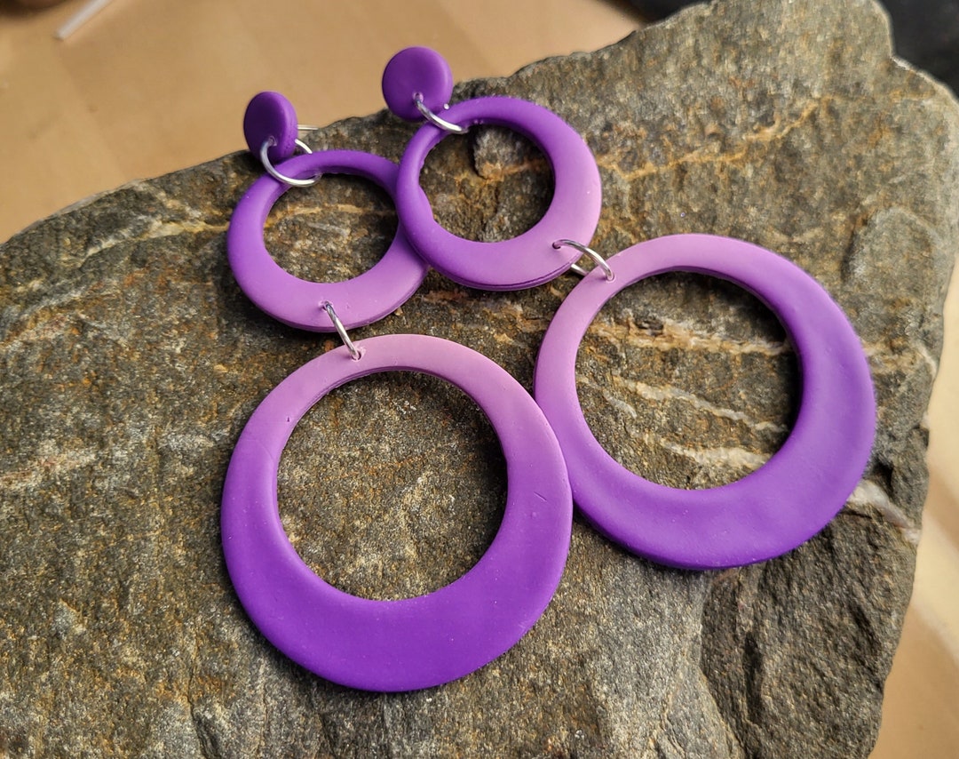 Very Long Purple Earrings Polymer Clay Earrings Dangle Clay Hoop ...