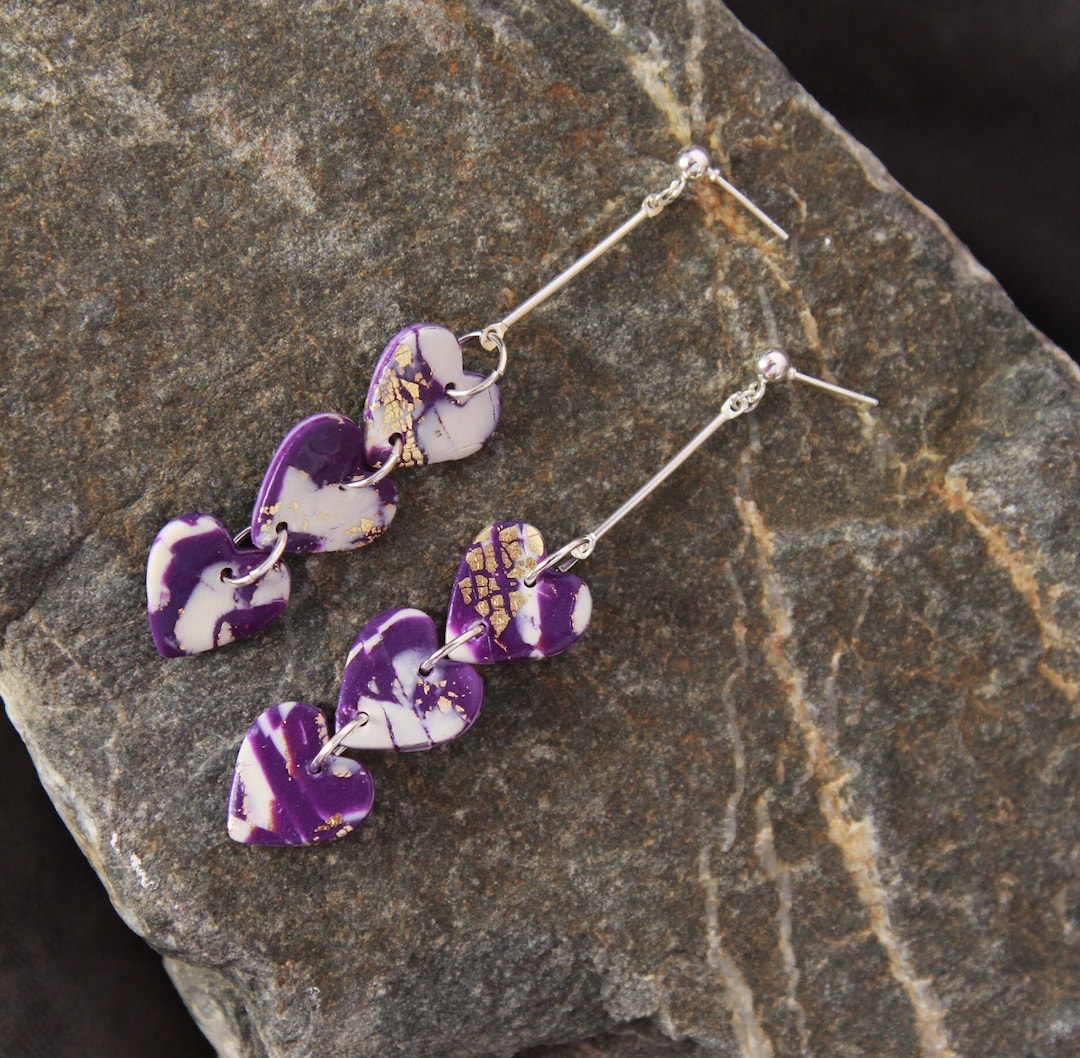 Purple Heart Earrings/ Polymer Clay Earrings/ Dangle Earrings Clay ...