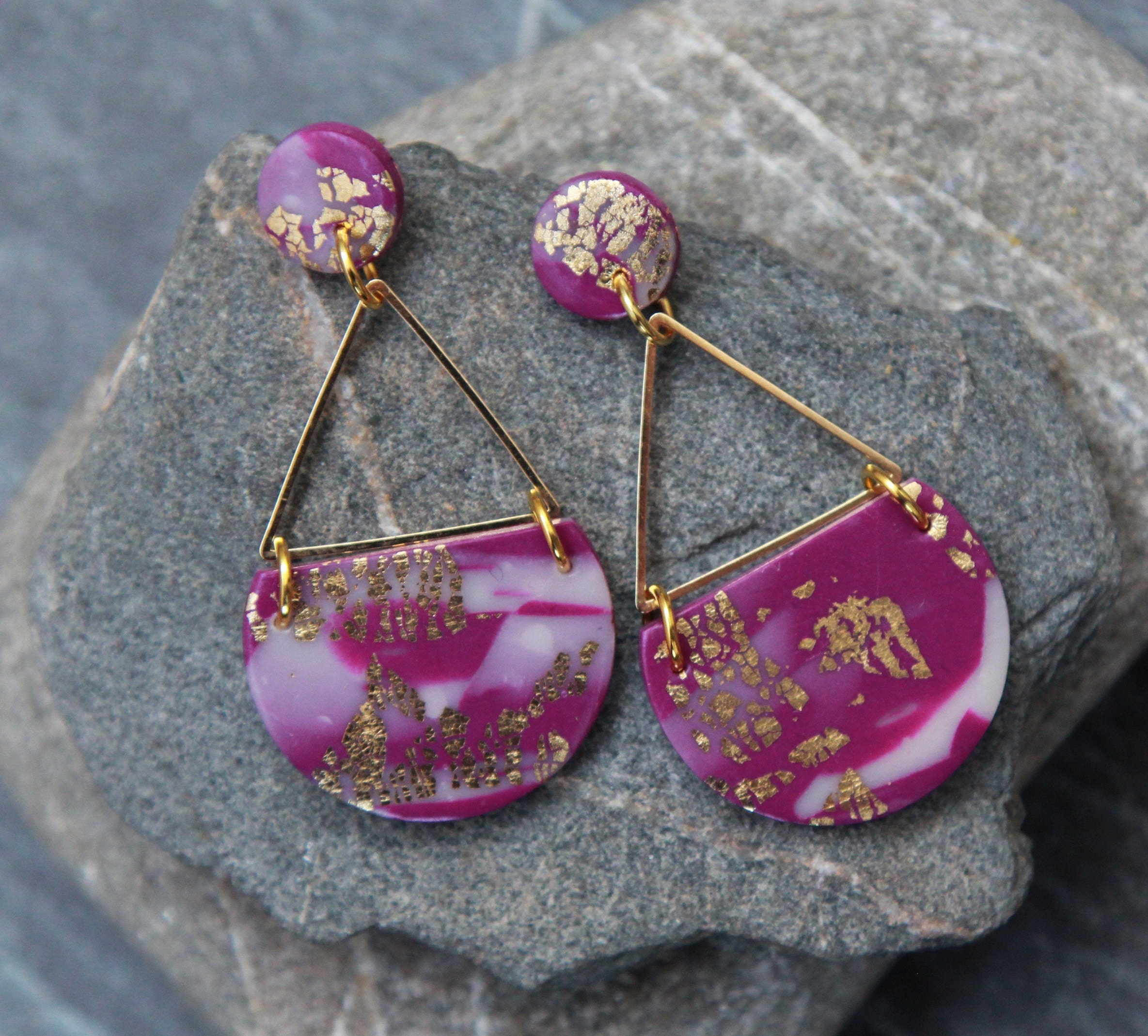 Magenta earrings Polymer earrings dangle Clay triangle | Etsy