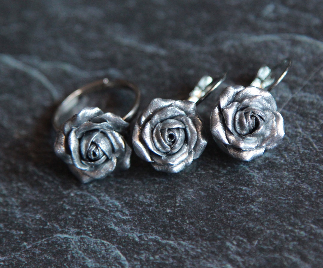 Silver Rose Jewelry Rose Ring Silver Roses Earrings Polymer - Etsy