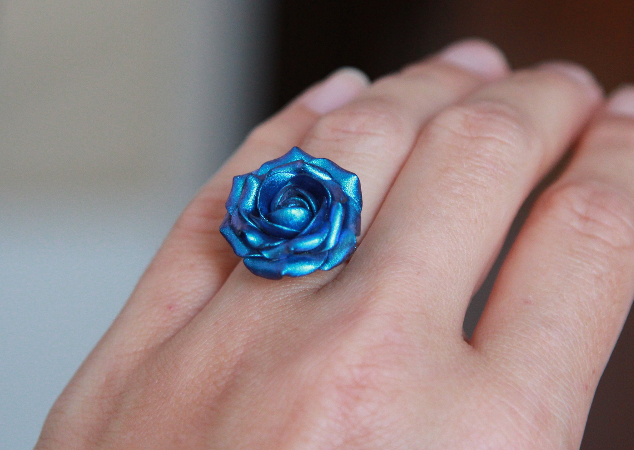 Blue Rose Ring Sterling Silver Clay Flower Ring Large Rose - Etsy Canada