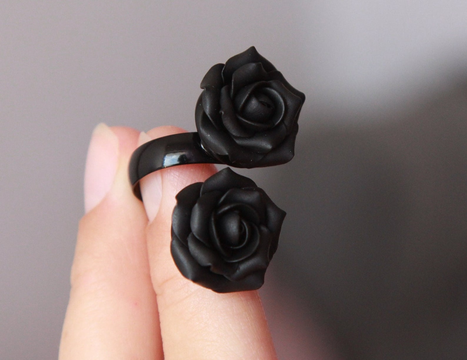 Black Flower Ring, Clay Rose Ring Women, Ring Women Unusual, Adjustable ...