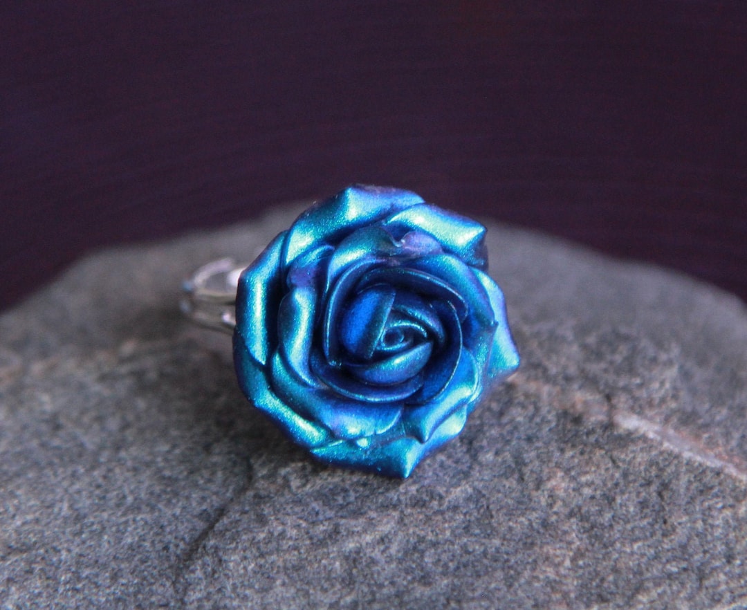Blue Rose Ring Sterling Silver, Clay Flower Ring , Large Rose Ring ...
