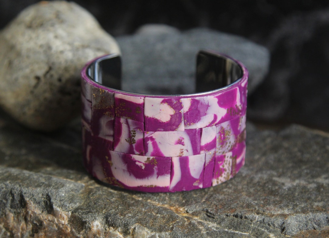 Wide Cuff Bracelet, Magenta Pink Bracelets Unique, Polymer Clay Jewelry ...