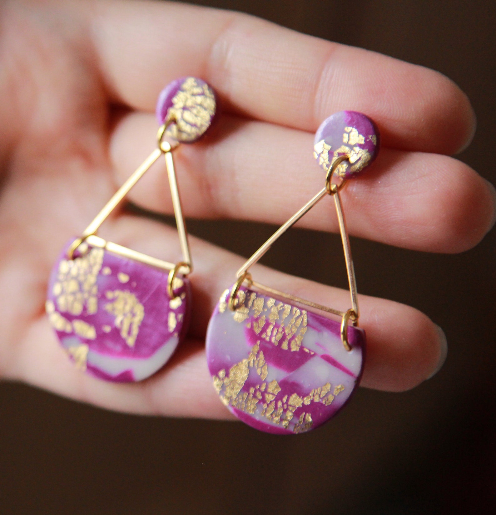 Magenta Earrings / Polymer Earrings Dangle/ Clay Triangle Earrings ...